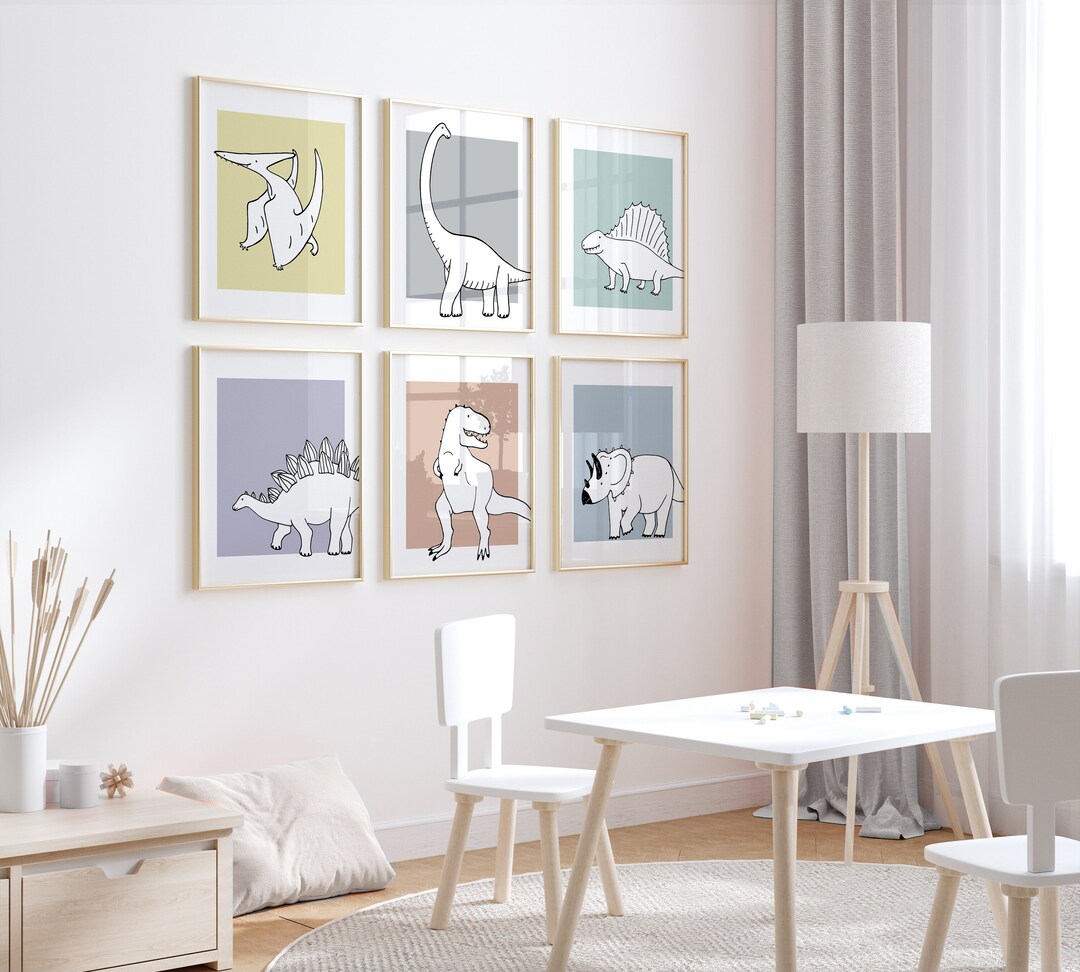 Set of 6 Colorful Dinosaurs Prints, Cartoon Dino Poster, Outline Sketch ...