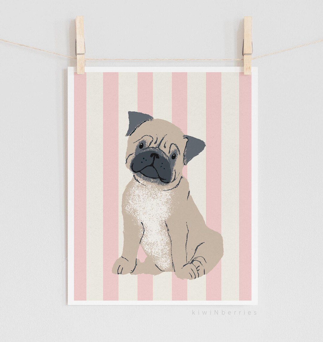 Pink Pug Print, Dog Nursery Wall Art, Pug Puppy Poster, Pink Stripes ...