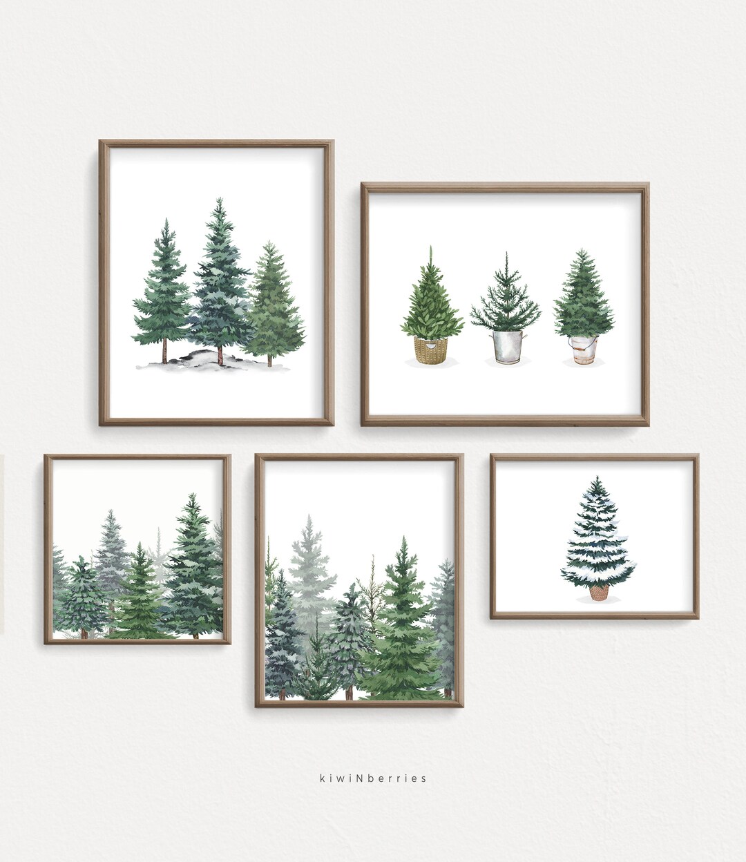 Set of 5 Pine Trees Print, Winter Forest Printable Wall Art, Snowy ...