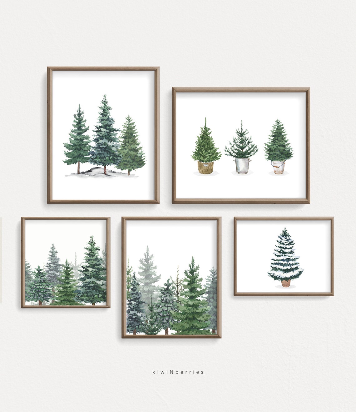 Set of 5 Pine Trees Print Winter Forest Printable Wall Art - Etsy
