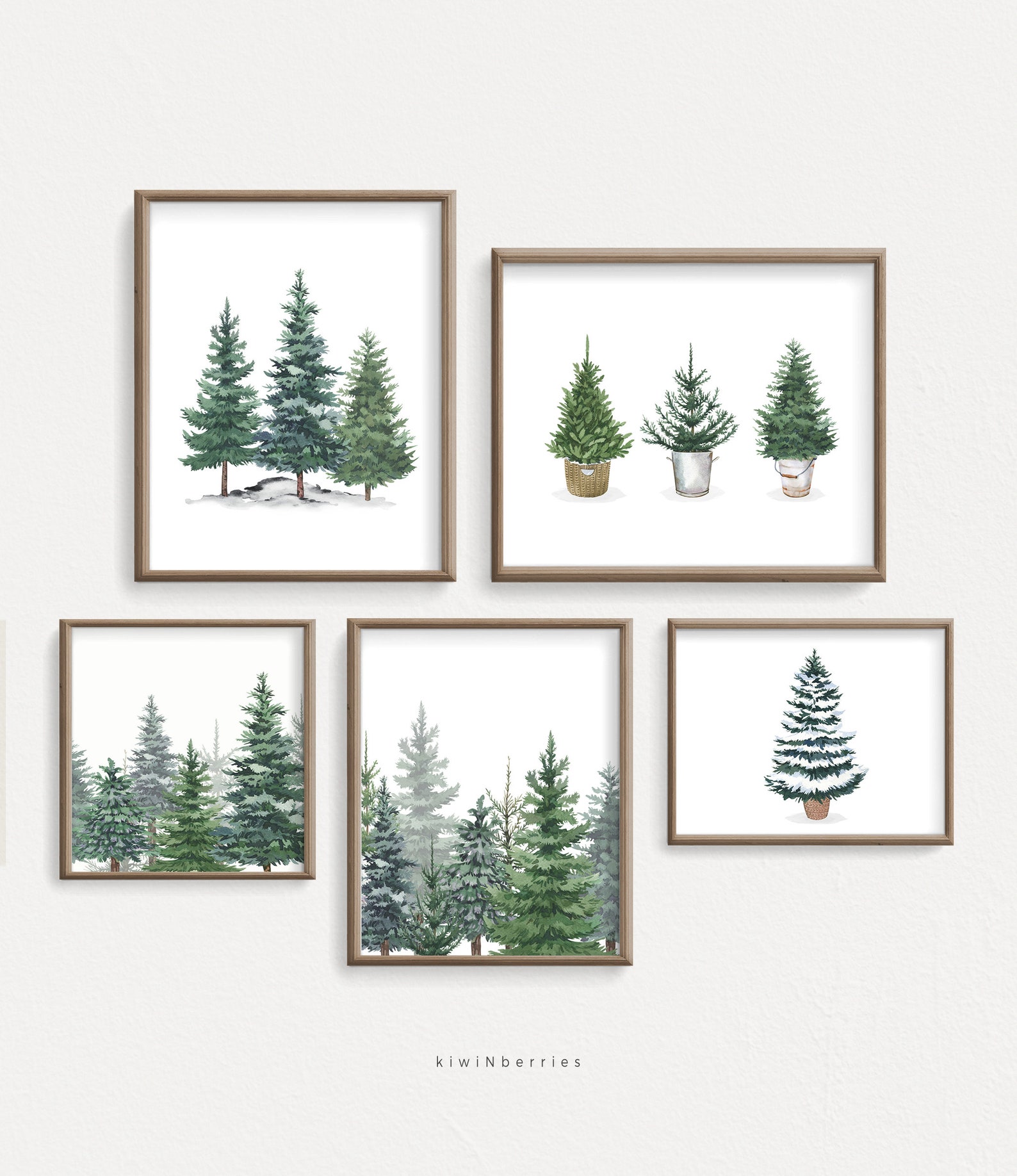 Set of 5 Pine Trees Print Winter Forest Printable Wall Art - Etsy