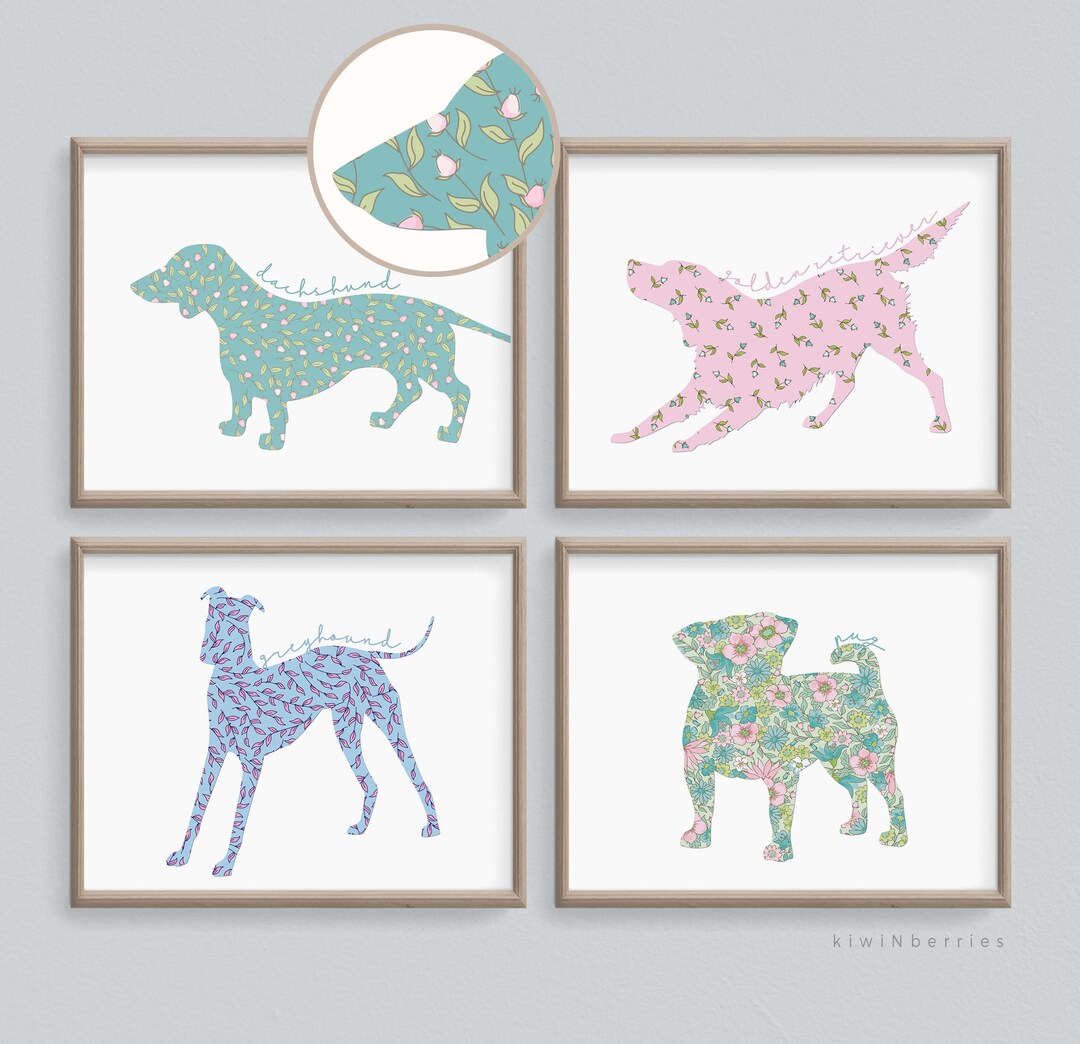 Dog Breeds Poster Print: Floral Puppy Wall Art, Set of 4 (digital ...