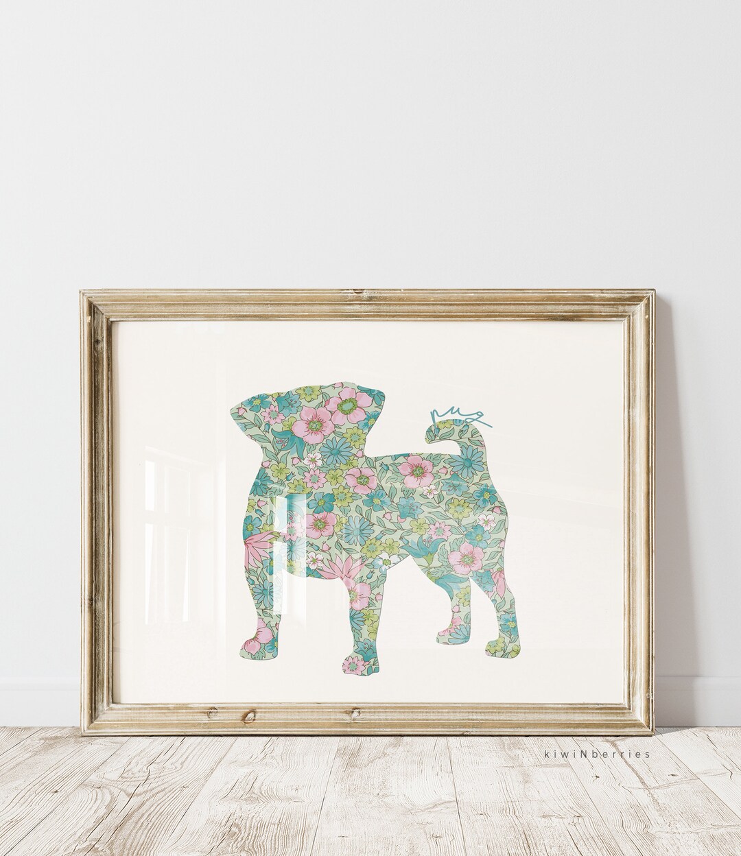 Pug Dog Print, Digital Art to Download, Girls Room Decor, Green Aqua ...