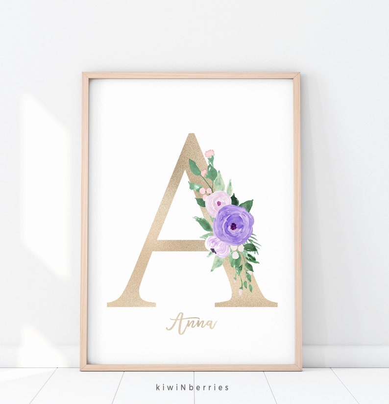 Lilac Gold Initial With Flowers, Baby Shower Gift, Baby Girl Wall Art ...