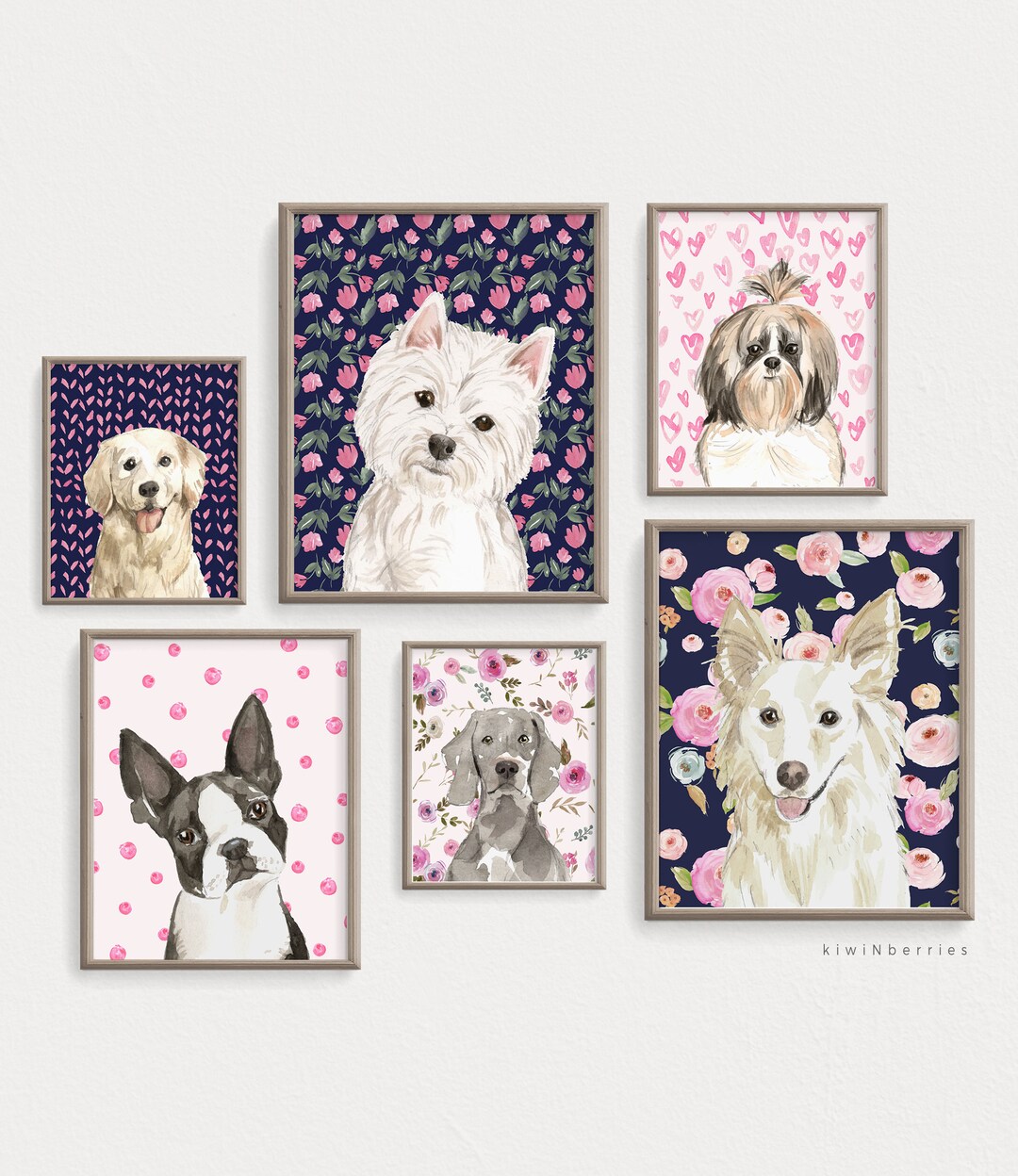 Maximalist Dogs Prints, Dog Portraits Over Floral Backgrounds, Vibrant ...