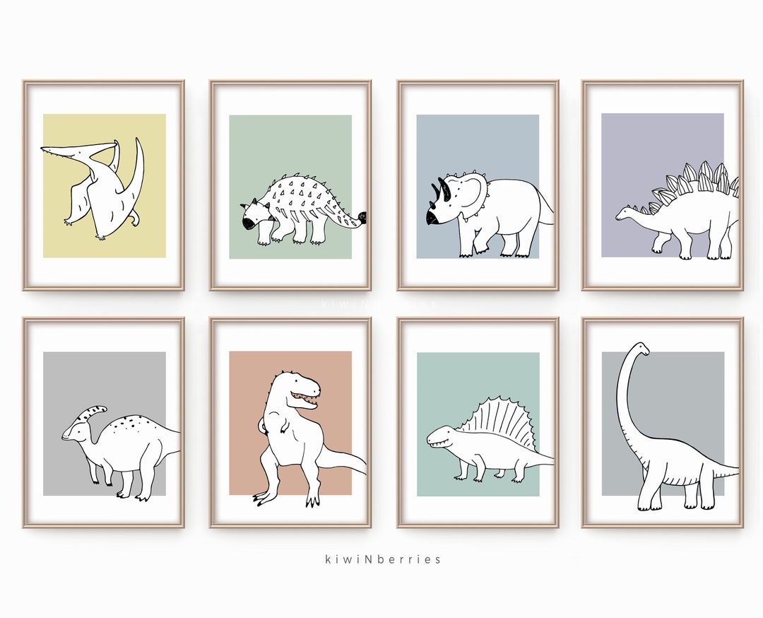 Set of 8 Colorful Dinosaurs Prints, Cartoon Dino Poster, Outline Sketch ...