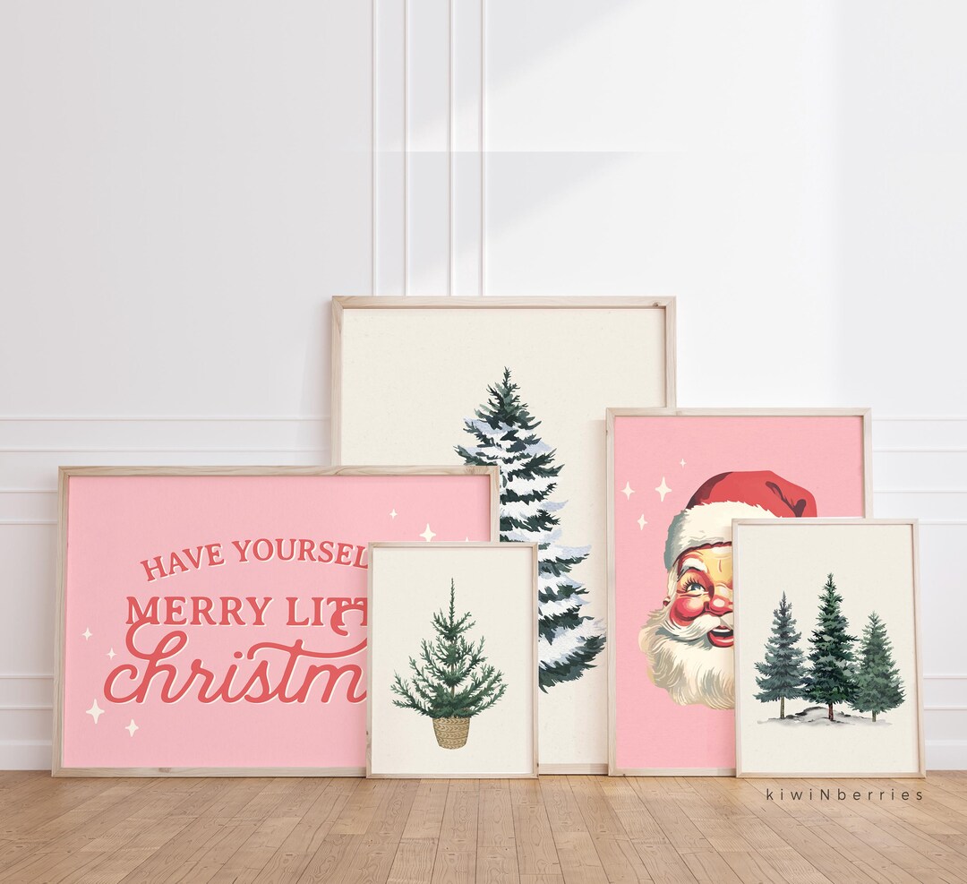 Pink Holiday Gallery Wall, Printable Christmas Art, Pink Santa Claus ...