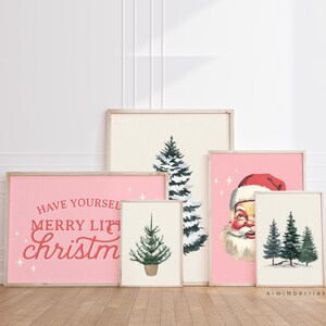 Pink Holiday Gallery Wall, Printable Christmas Art, Pink Santa Claus ...
