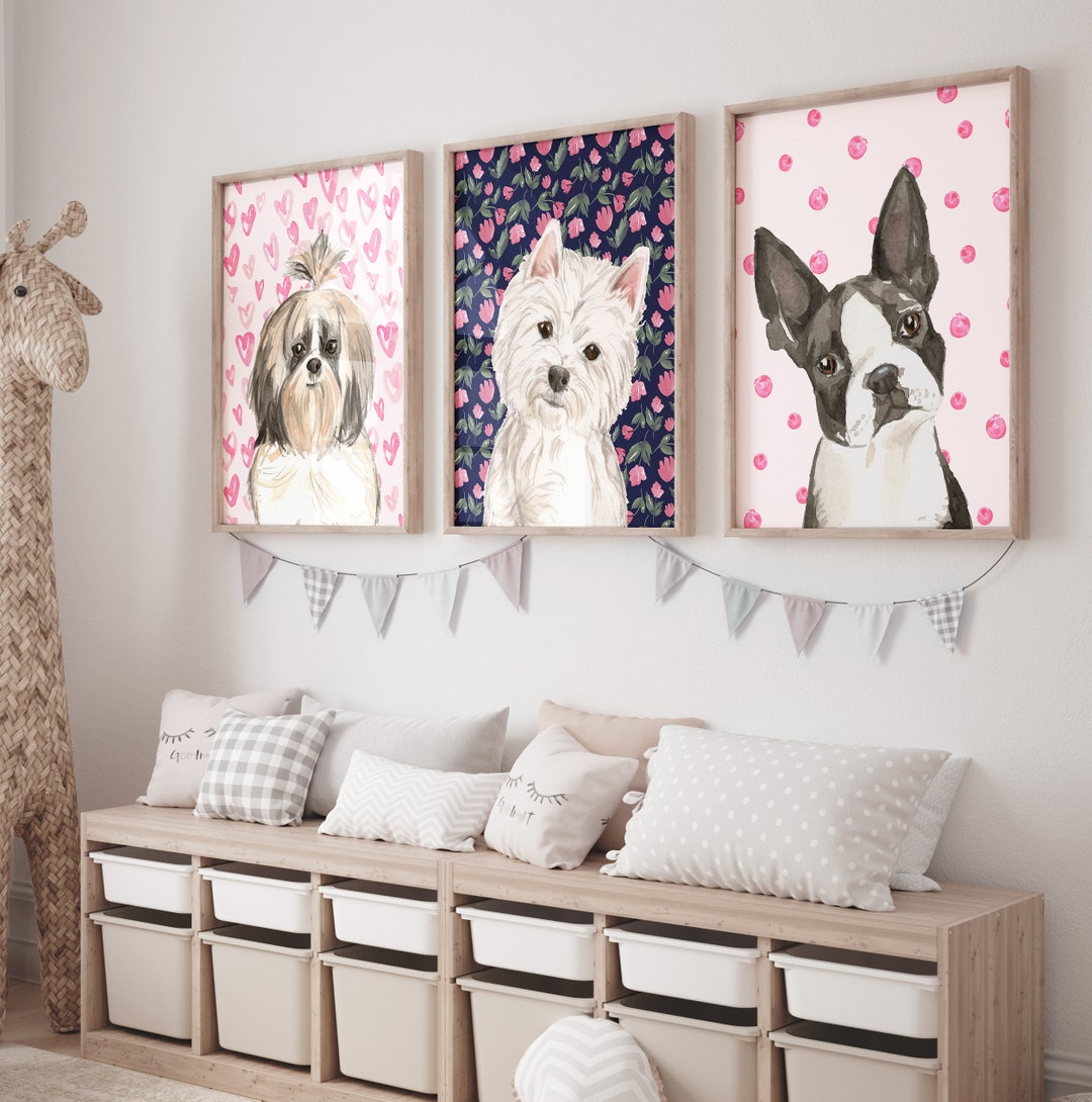 Dog Portrait Print Set: Puppy Breeds, Navy and Pink Decor (digital ...