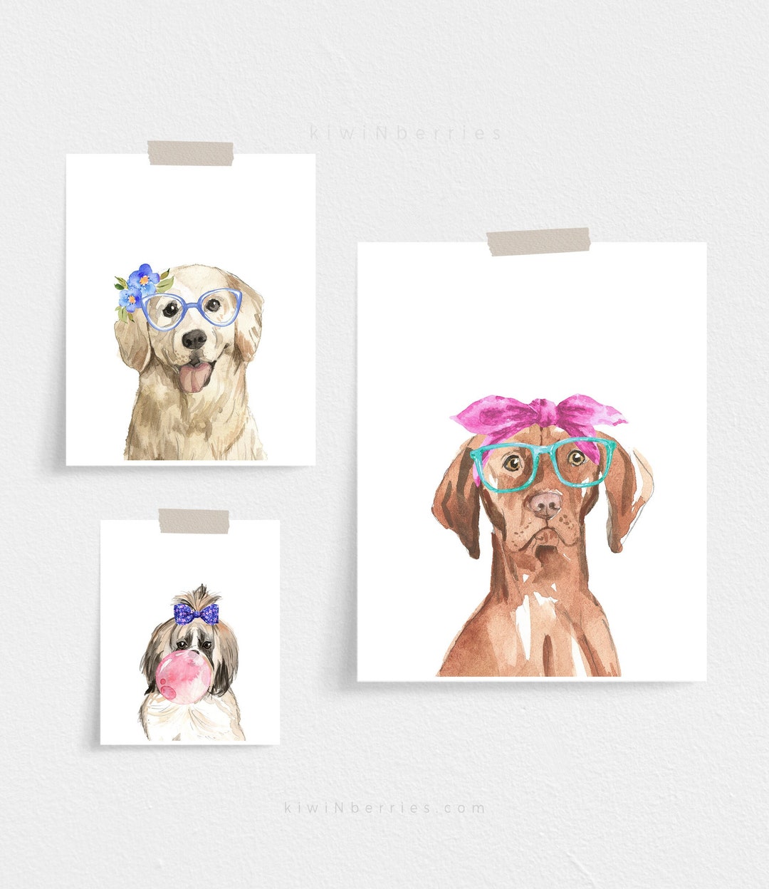 Puppy Prints Set: Girly Dog Posters With Bows & Glasses (digital ...