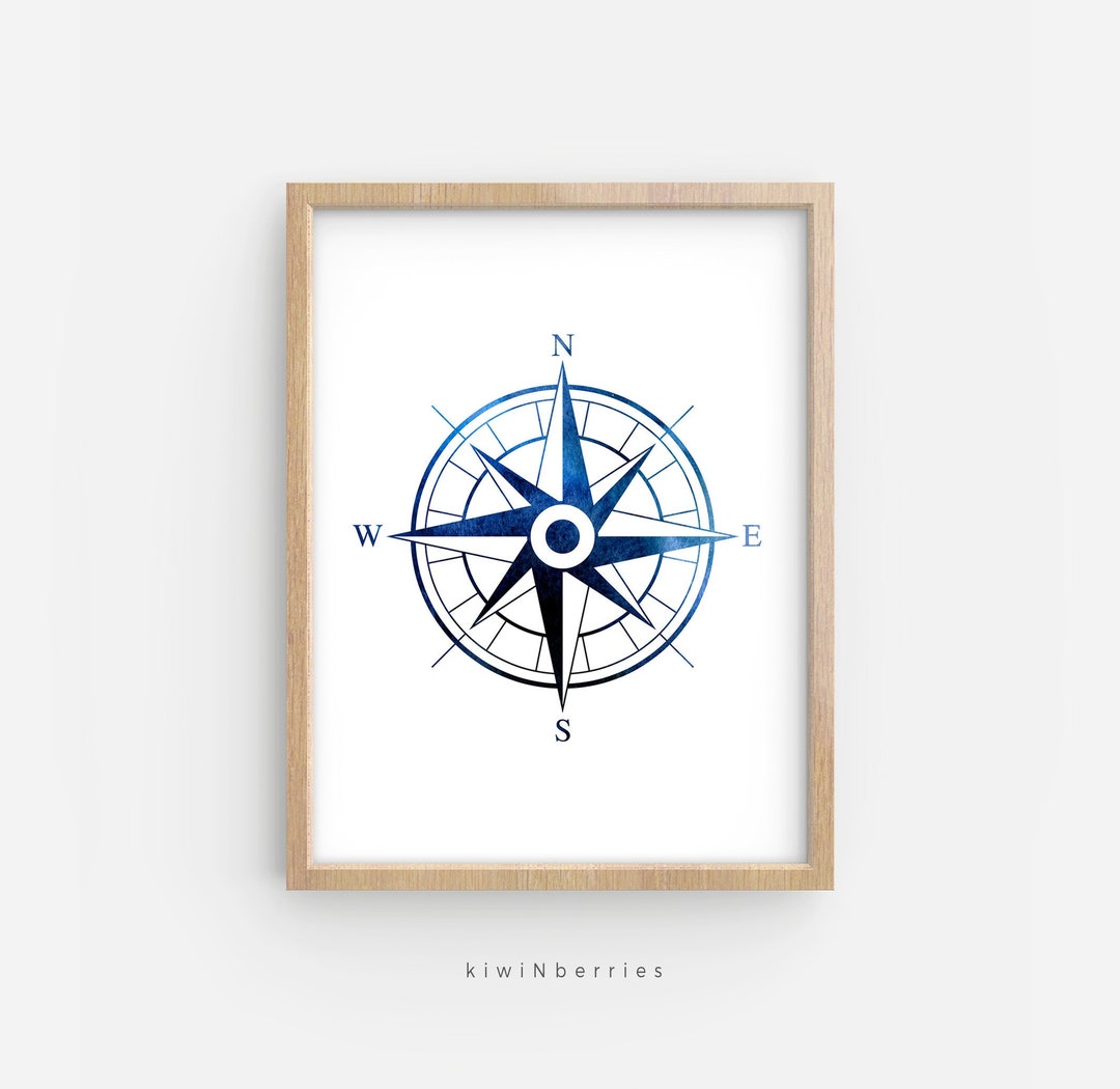 Watercolor Compass Print: Deep Blue Nautical Decor (digital Download ...