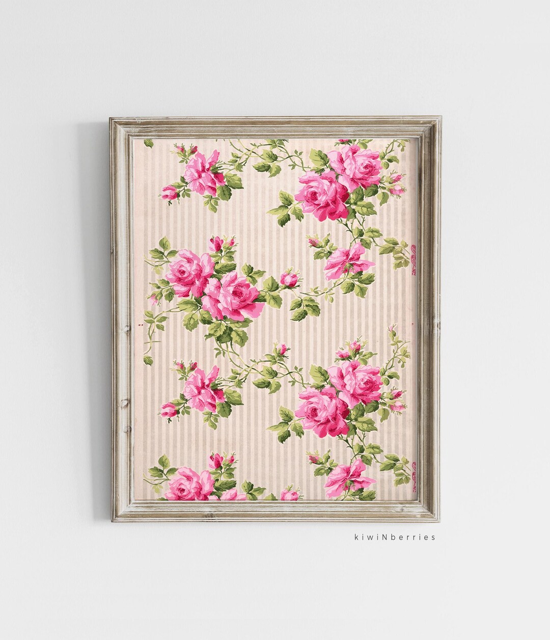 Vintage Floral Wallpaper Print - Antique Rose Art, Shabby Rustic Wall ...
