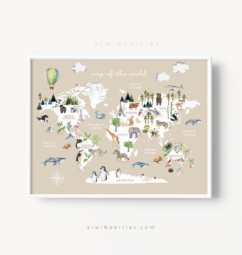 Printable World Map World Map Poster Animal Map Wall Art - Etsy