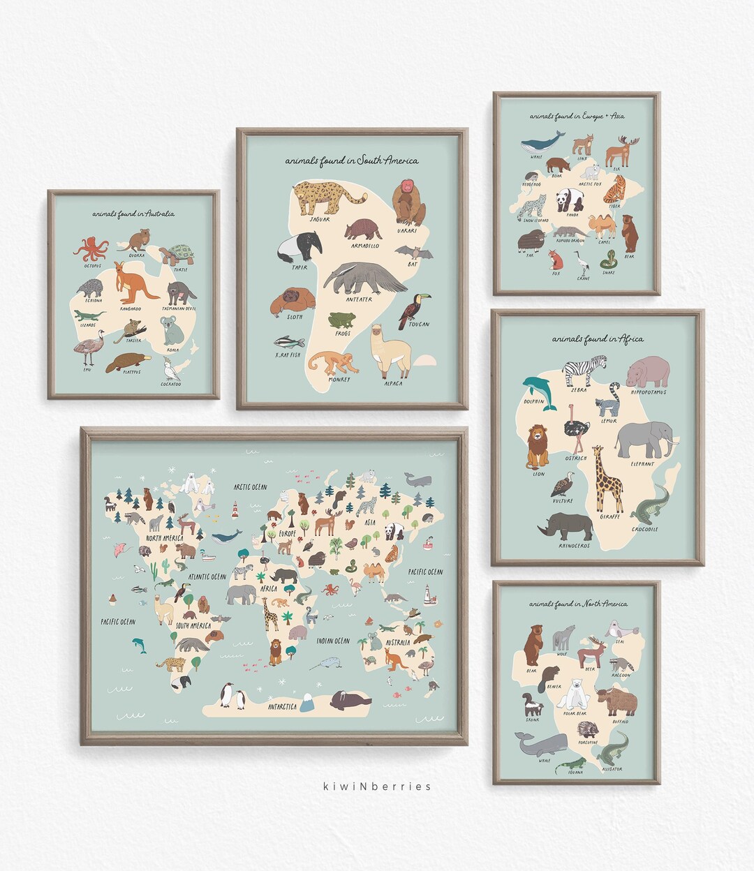 World Map Poster, Large Printable Map for Kids, Animals by Continents ...