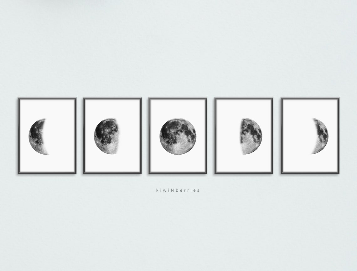 Lunar Phases Print Set of 5 Moon Phases Printable Moon | Etsy