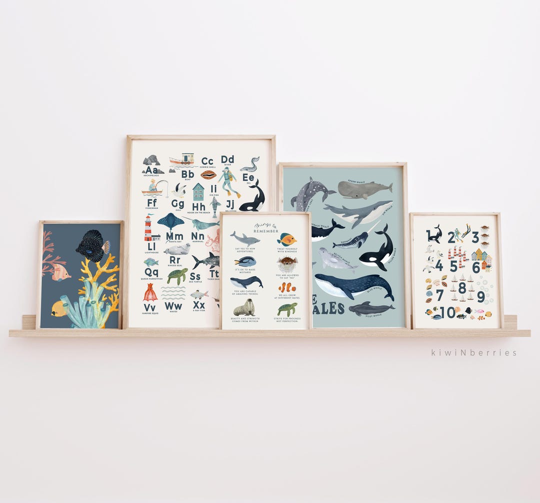 Ocean Nursery Print Set: Sea Animals Alphabet, Neutral Decor (digital ...
