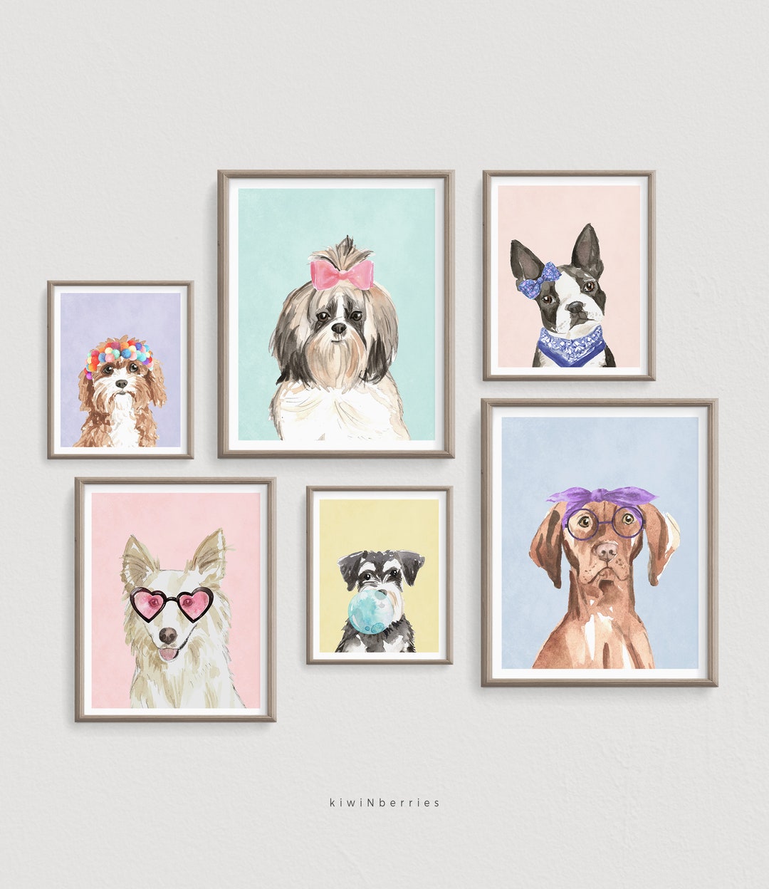 Dog Portrait Prints, Set of 6 Different Dogs, Printable Dog ...