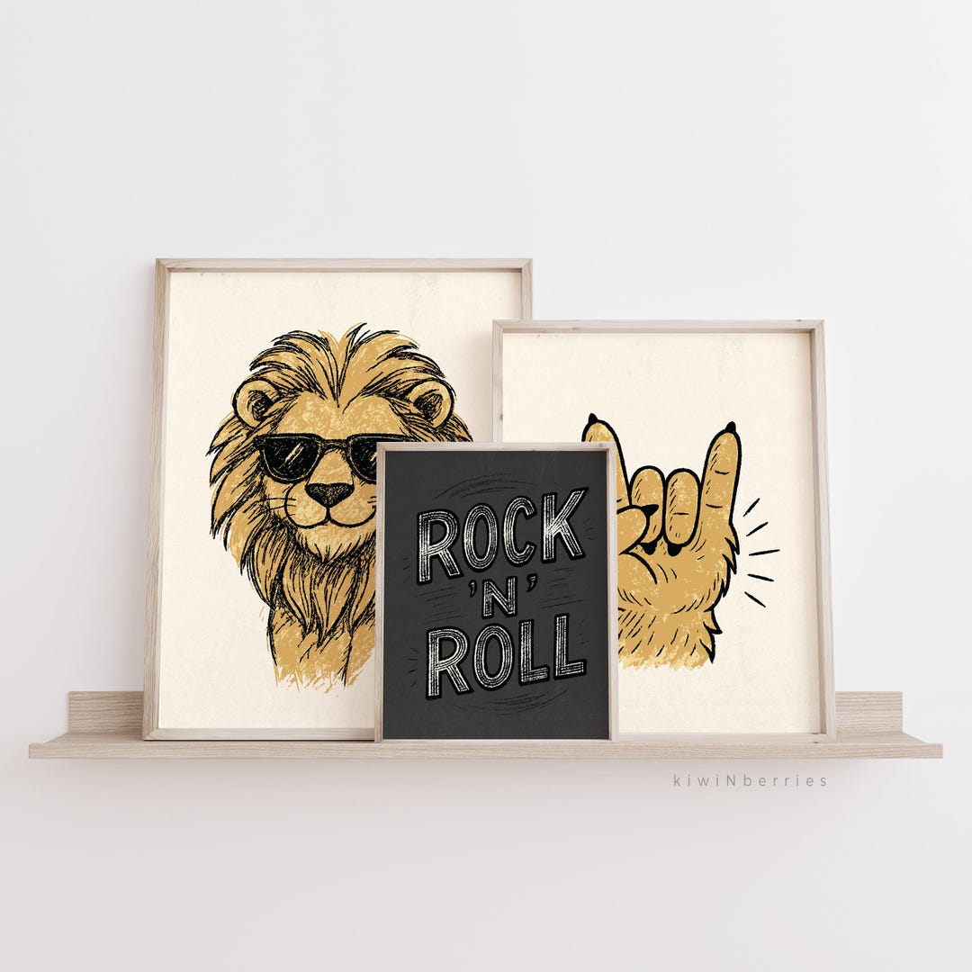 Rock Music Wall Art Set for Boys – Cool Lion, Rock Hand & Chalkboard ...