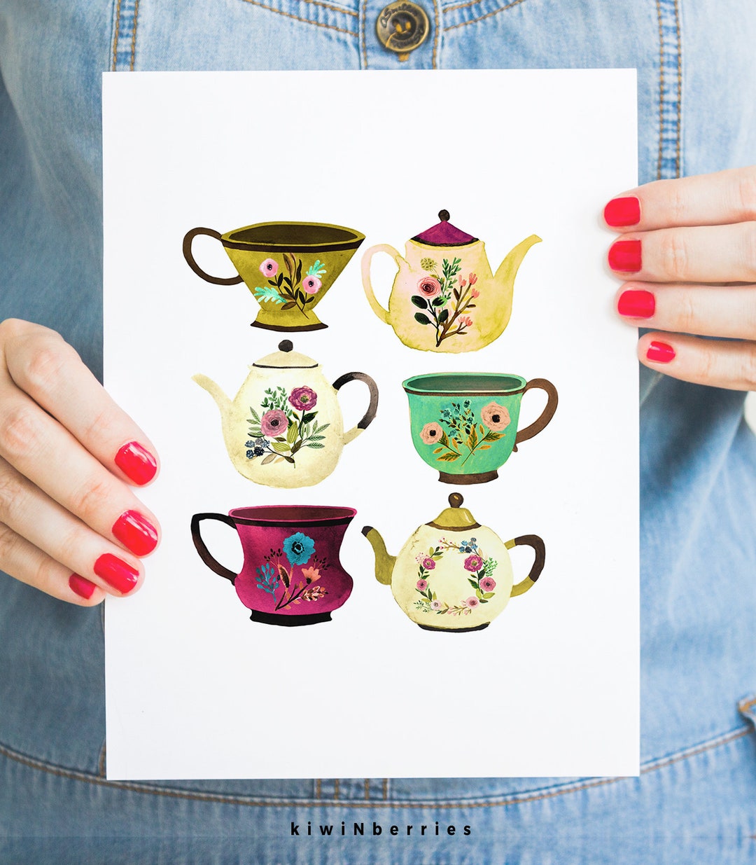 Tea Cups Watercolor Art Print: Quirky Floral Illustration (digital ...