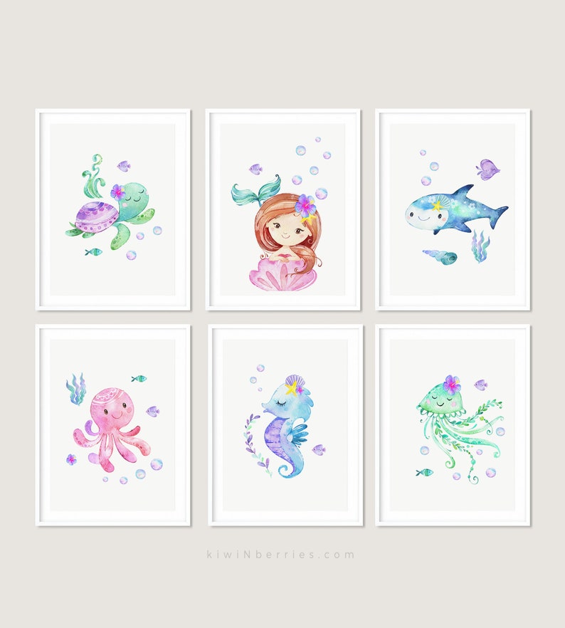 Mermaid Art Prints: Ocean Animals, Girls Room Decor (set of 6) (digital ...
