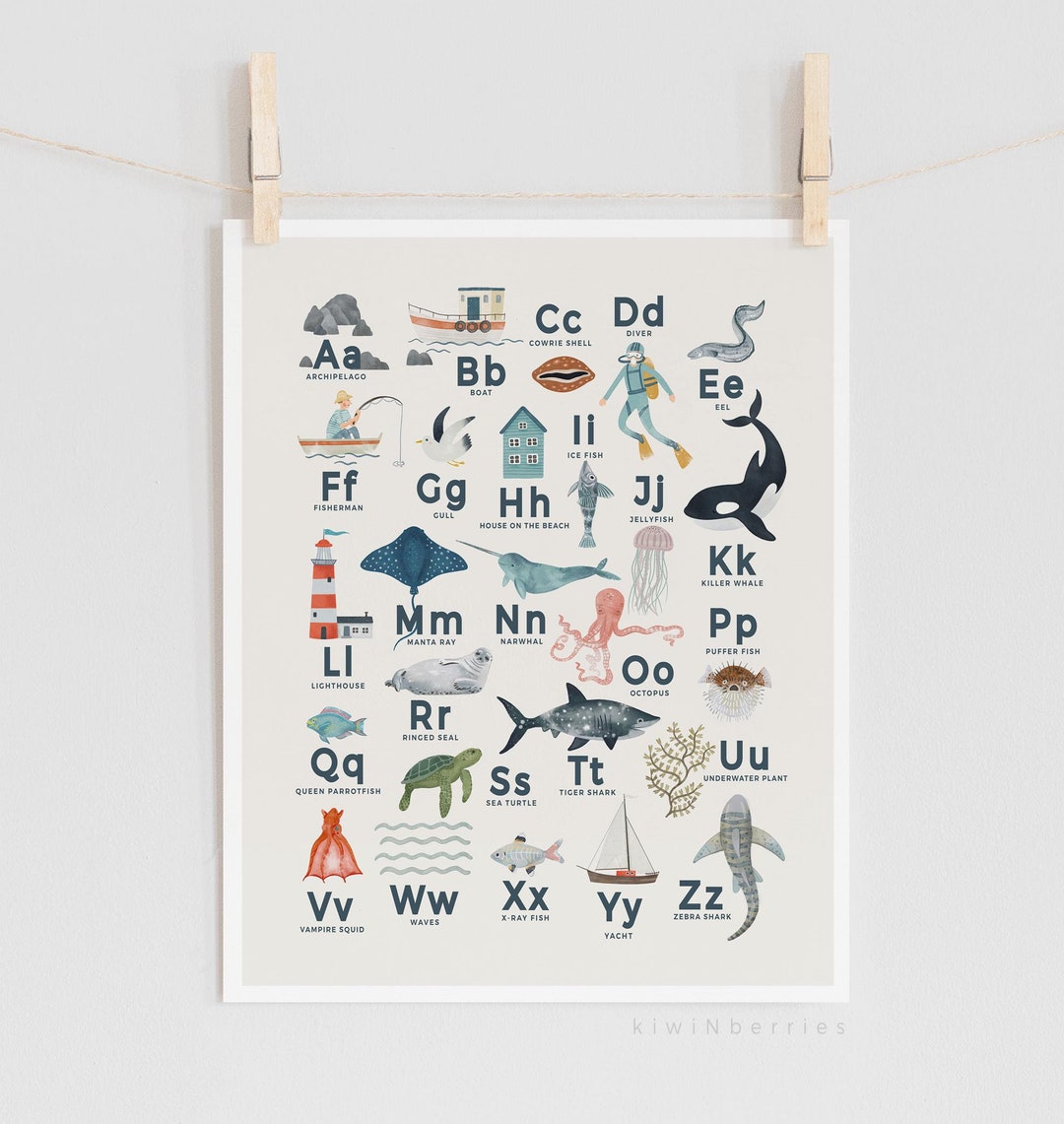 Ocean Alphabet Print, Learn the Letters, Sea Animals ABC, Baby Room ...