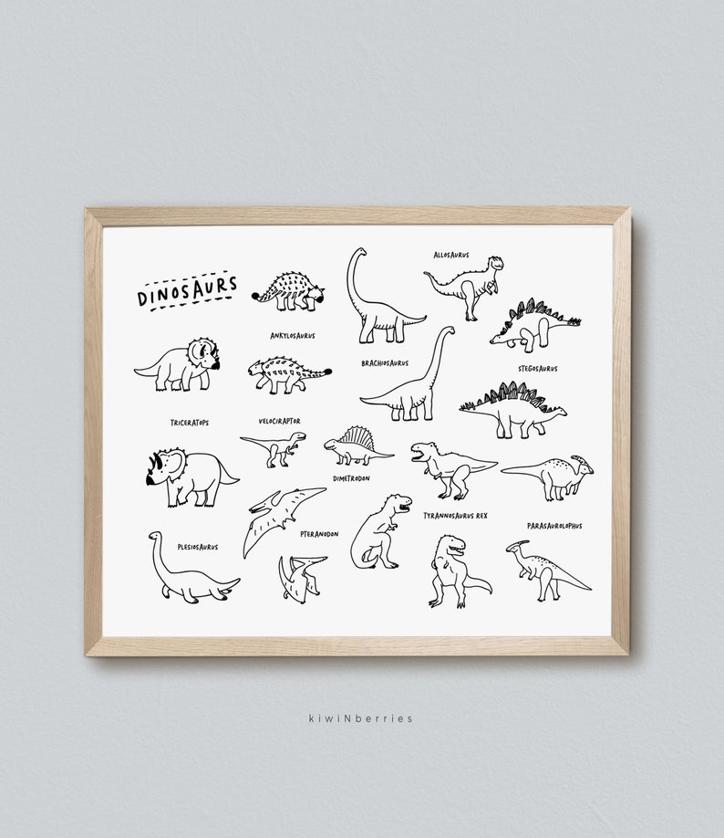 Dinosaur Chart Posters Black and White Outlines Minimalist - Etsy