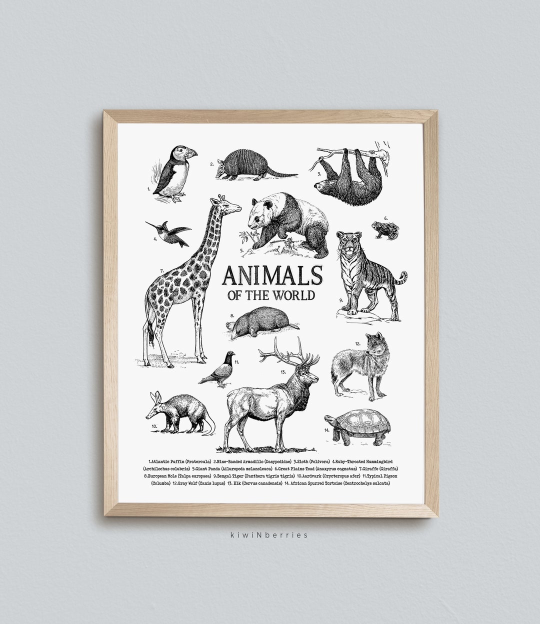 Wild Animals Chart Print, Sketchy Black and White, Outdoors Camping ...