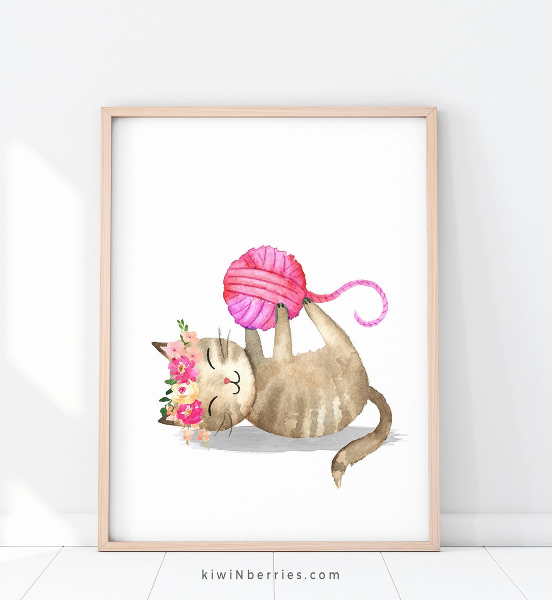 Playful Kitten Watercolor Print, Yarn Ball, Nursery Wall Art (digital ...