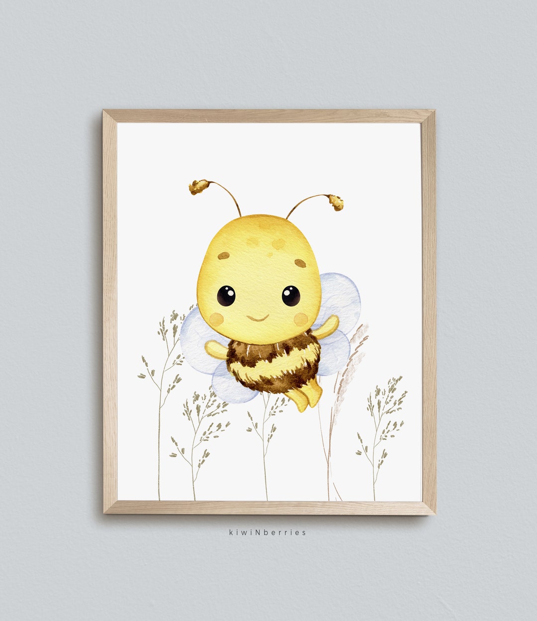 Happy Cute Bee Print, Flying Bee Poster, Yellow and Blue Nursery Art ...