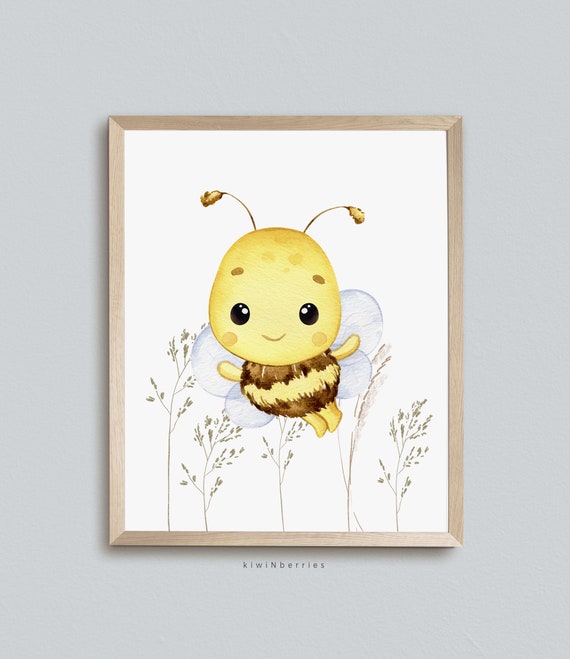 Happy Cute Bee Print Flying Bee Poster Yellow and Blue - Etsy