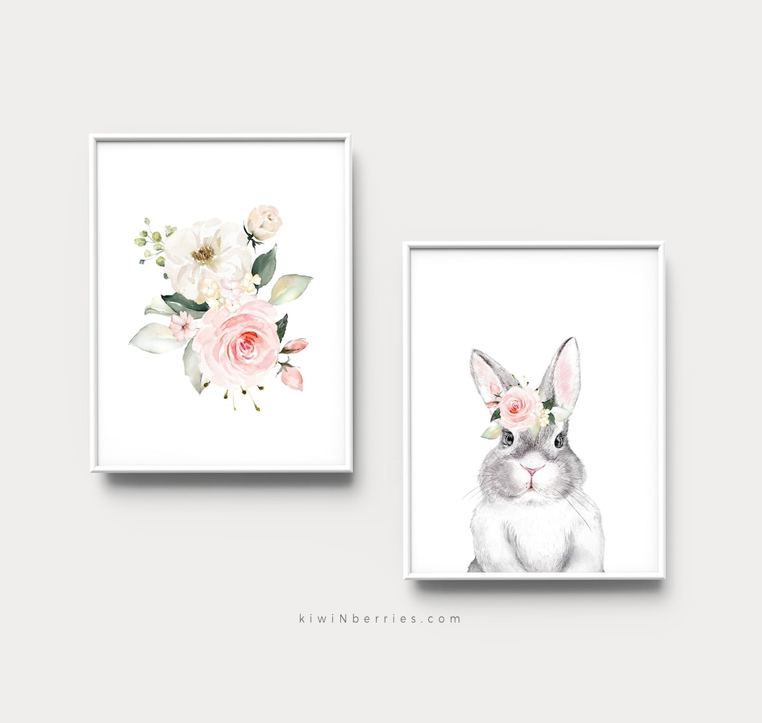 Bunny Rabbit Print: Blush Pink Florals, Farmhouse Nursery Decor ...
