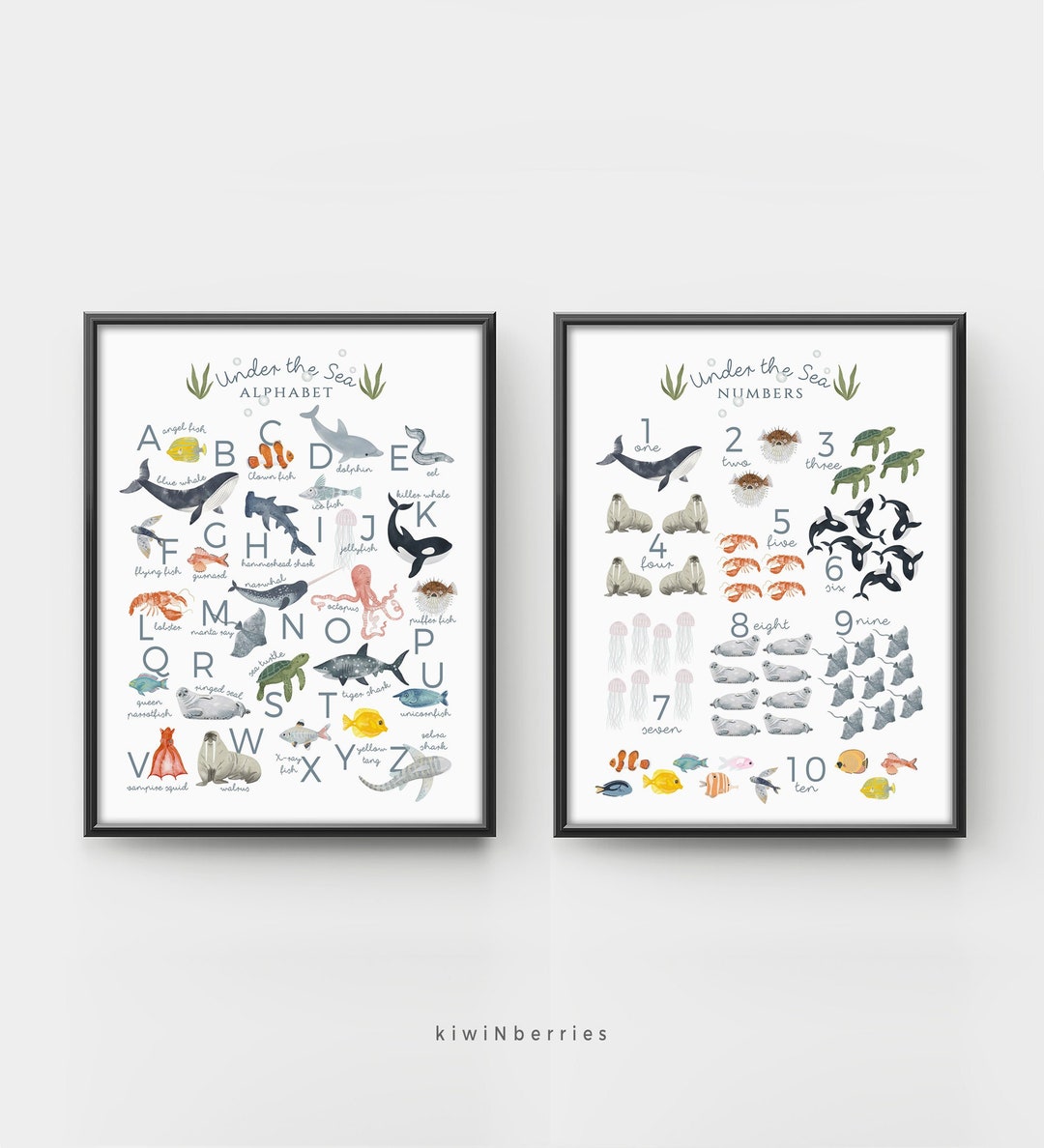 Sea Animals Alphabet & Numbers Nursery Prints (set of 2) (digital ...