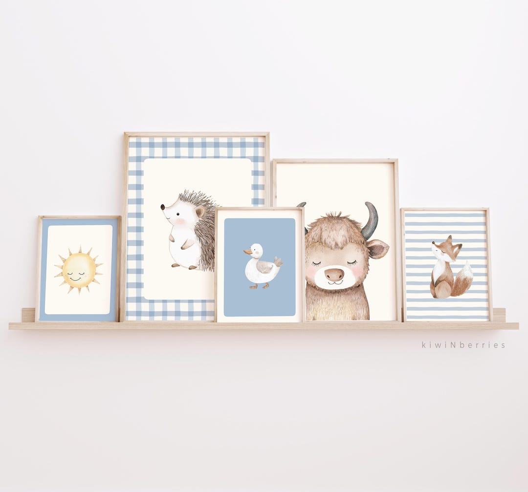 Baby Animals Nursery Print Set: Blue Gingham, Stripes, Plaid (set of 5 ...
