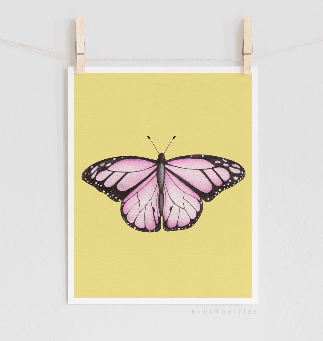 Pink Butterfly Print, Yellow Home Decorations, Printable Moth Art ...