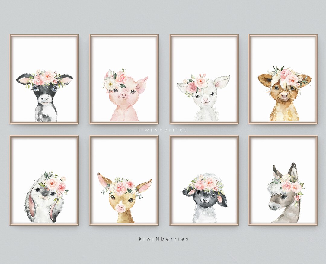 Girls Nursery Decor, Animal Prints, Flower Botanical Posters, Pink Rose ...