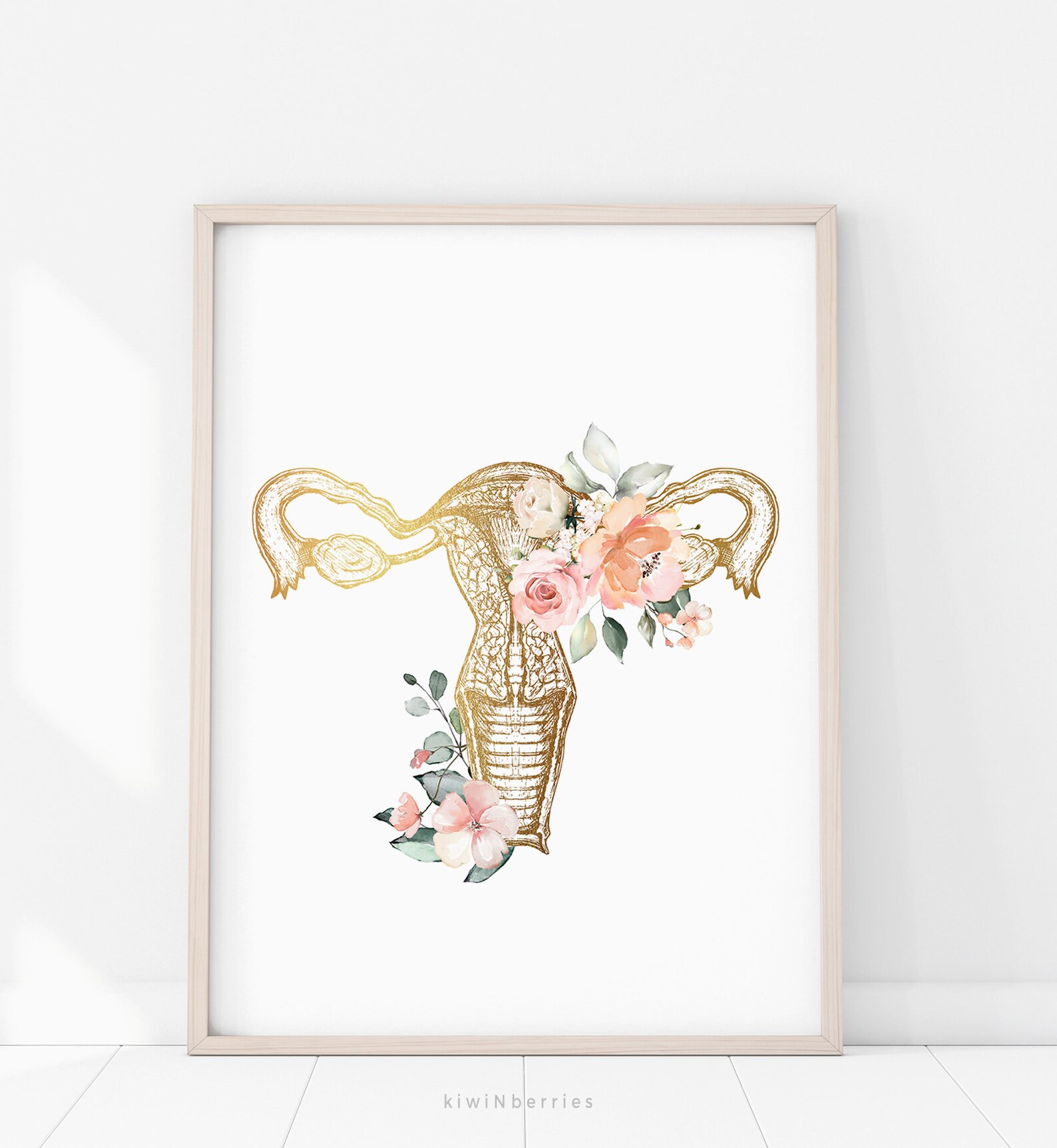 Uterus and Womb Art Prints, Gold Floral OBGYN Decor (set of 2) (digital ...