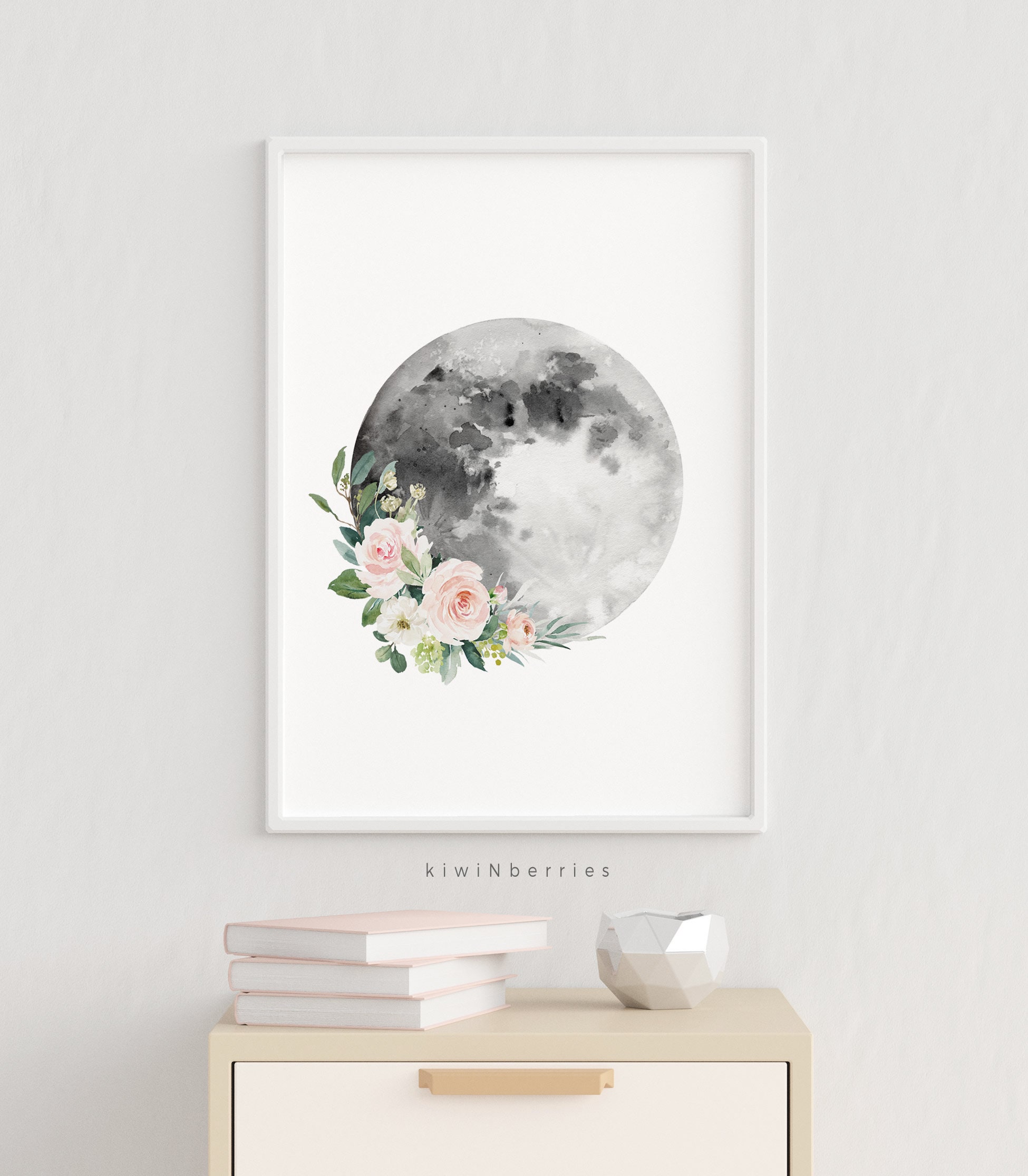 Blush floral moon print Girls room wall art Watercolor moon | Etsy