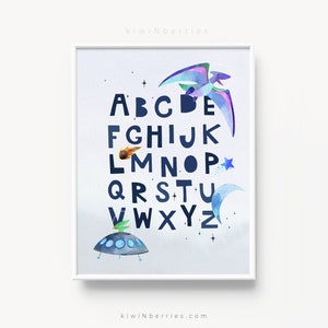 Dino Alphabet Print, Alphabet Printable, Dinosaur Boys Bedroom, Space ...