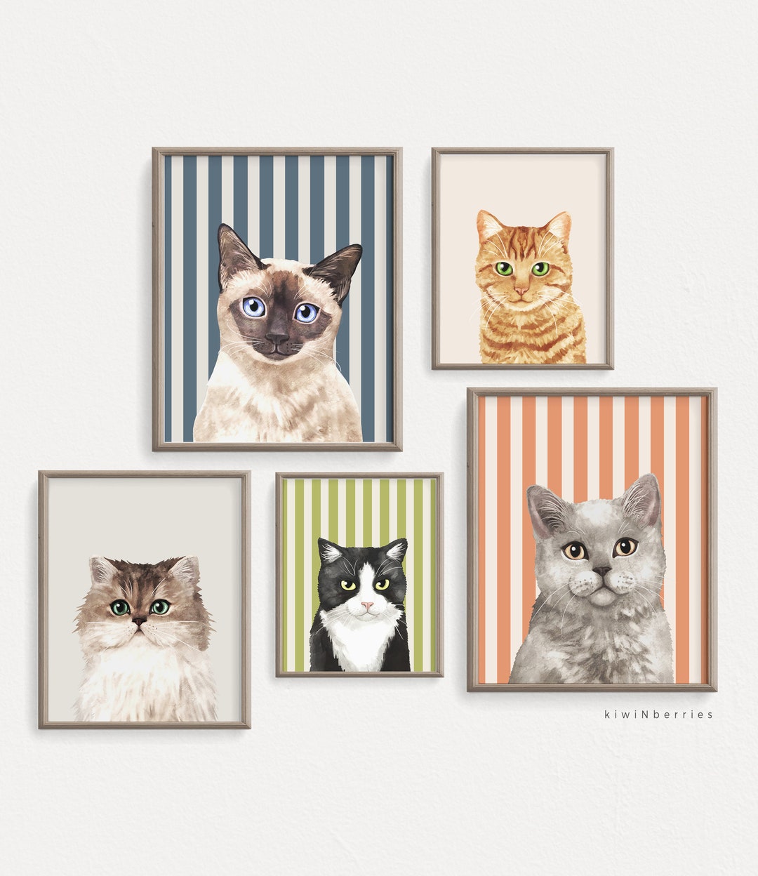 Striped Kitten Art Prints: Folk Cat Portraits, Neutral Decor (digital ...