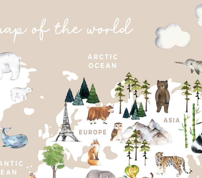 Printable World Map World Map Poster Animal Map Wall Art - Etsy
