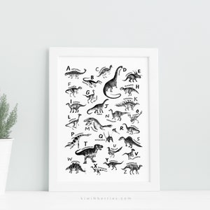 Black and White Dinosaur Poster, Alphabet Learning Print, Dinosaur ABC ...