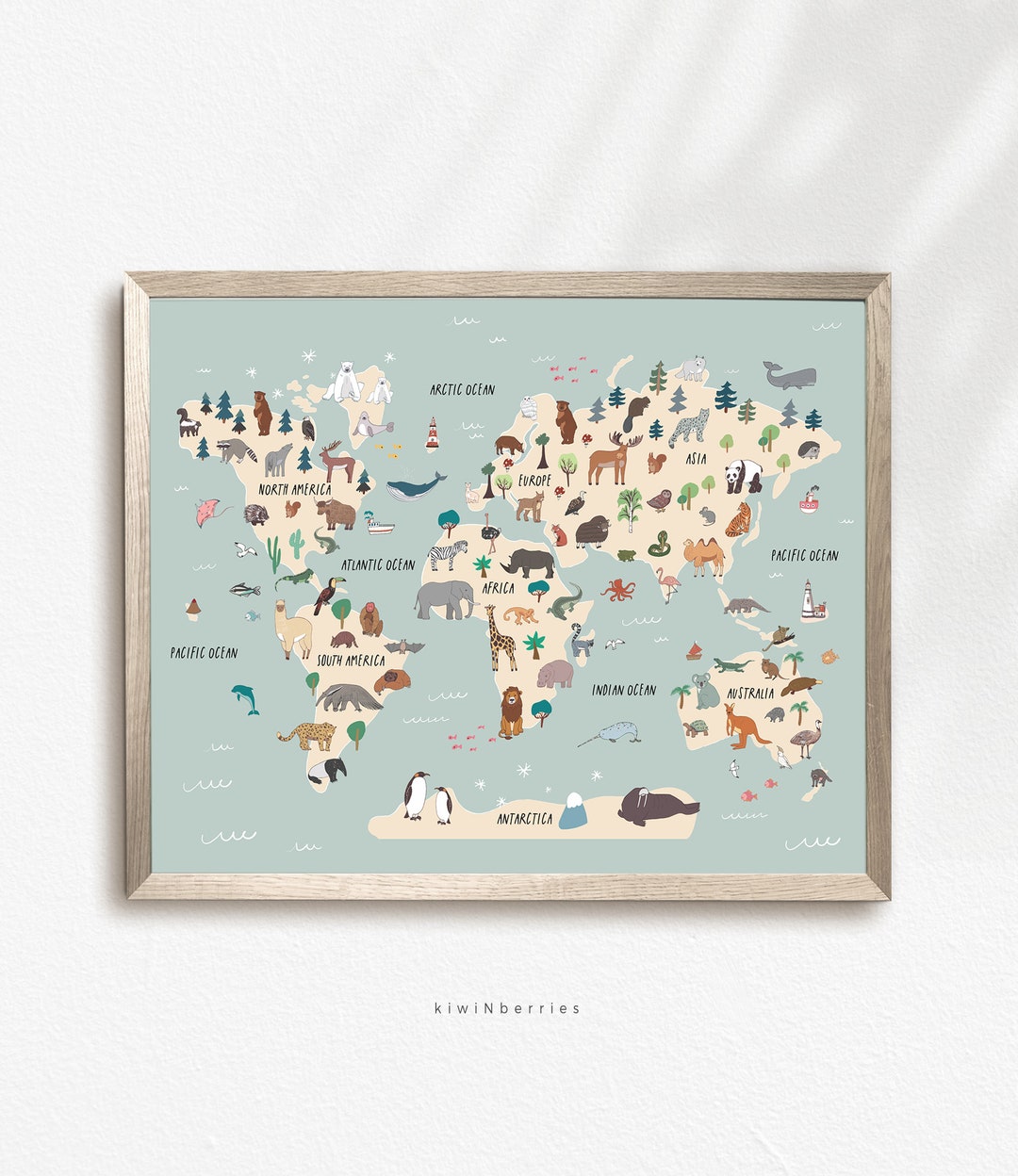Large World Map Print, Map Poster for Kids, Sky Blue Bohemian ...