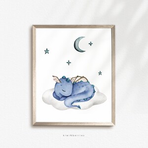 Sleeping Dragon Print, Blue Dragon With Moon and Stars, Emerald Green ...