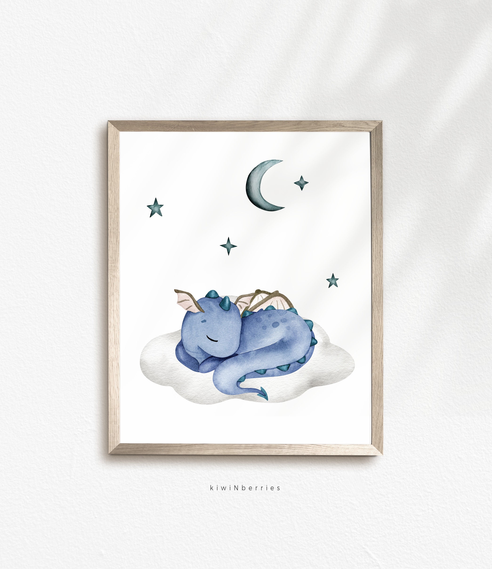 Sleeping Dragon Print, Blue Dragon With Moon and Stars, Emerald Green ...