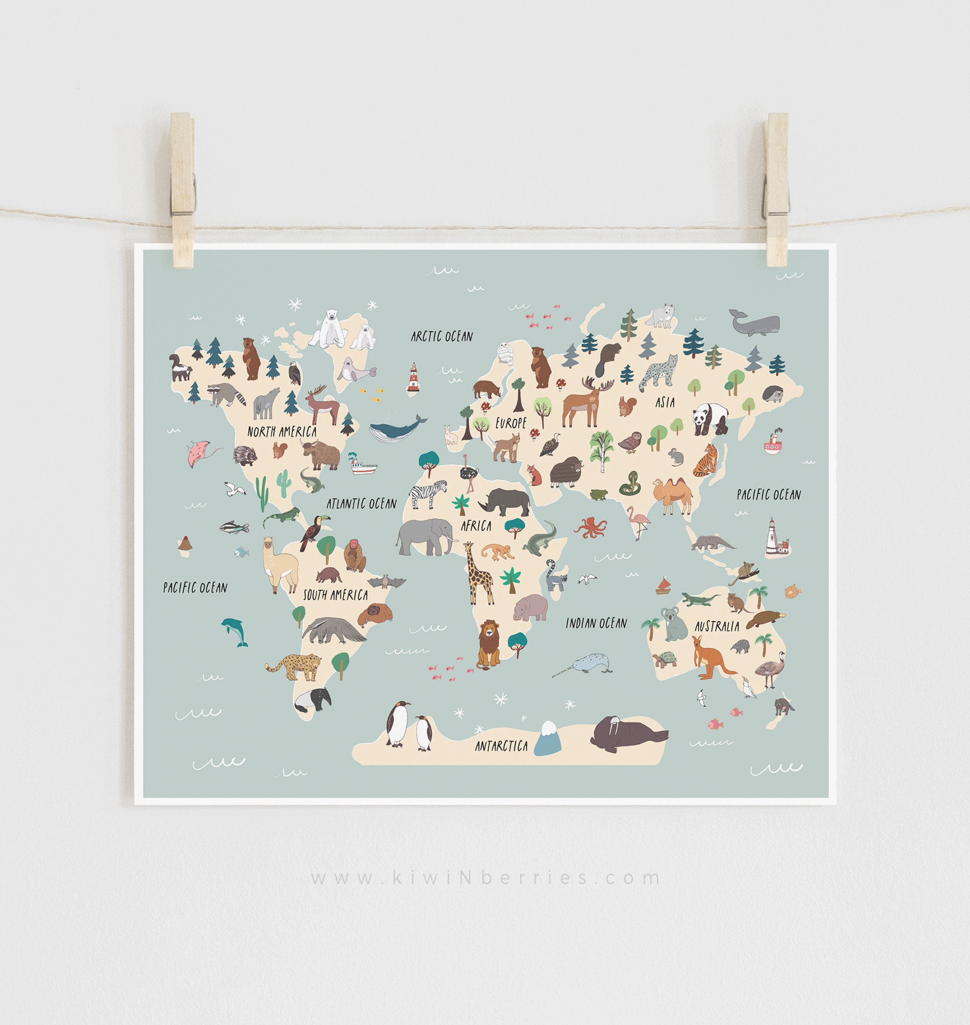 World Map Poster Large Printable Map for Kids Animals by - Etsy