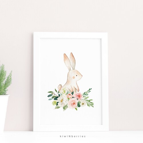 Rabbit Wall Art Woodland Animal Print Blush Pink Floral - Etsy