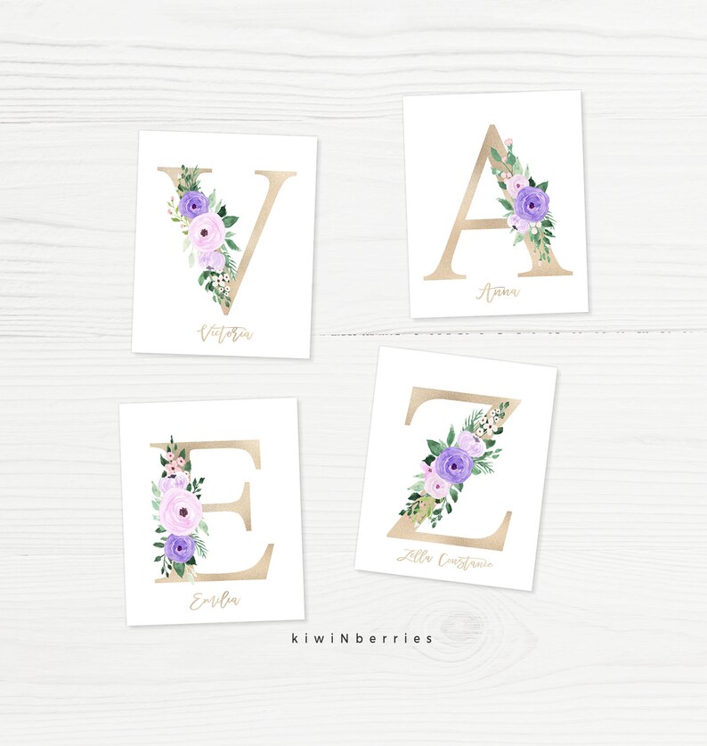 Lilac Gold Initial With Flowers, Baby Shower Gift, Baby Girl Wall Art ...