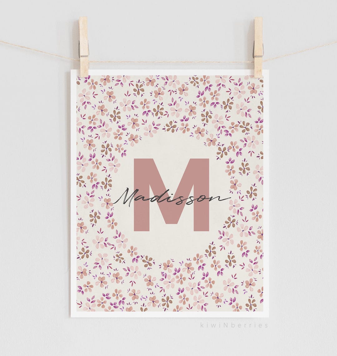 Custom Girl Name Print, Old Pink Initial Poster, Flower Frame With Name ...