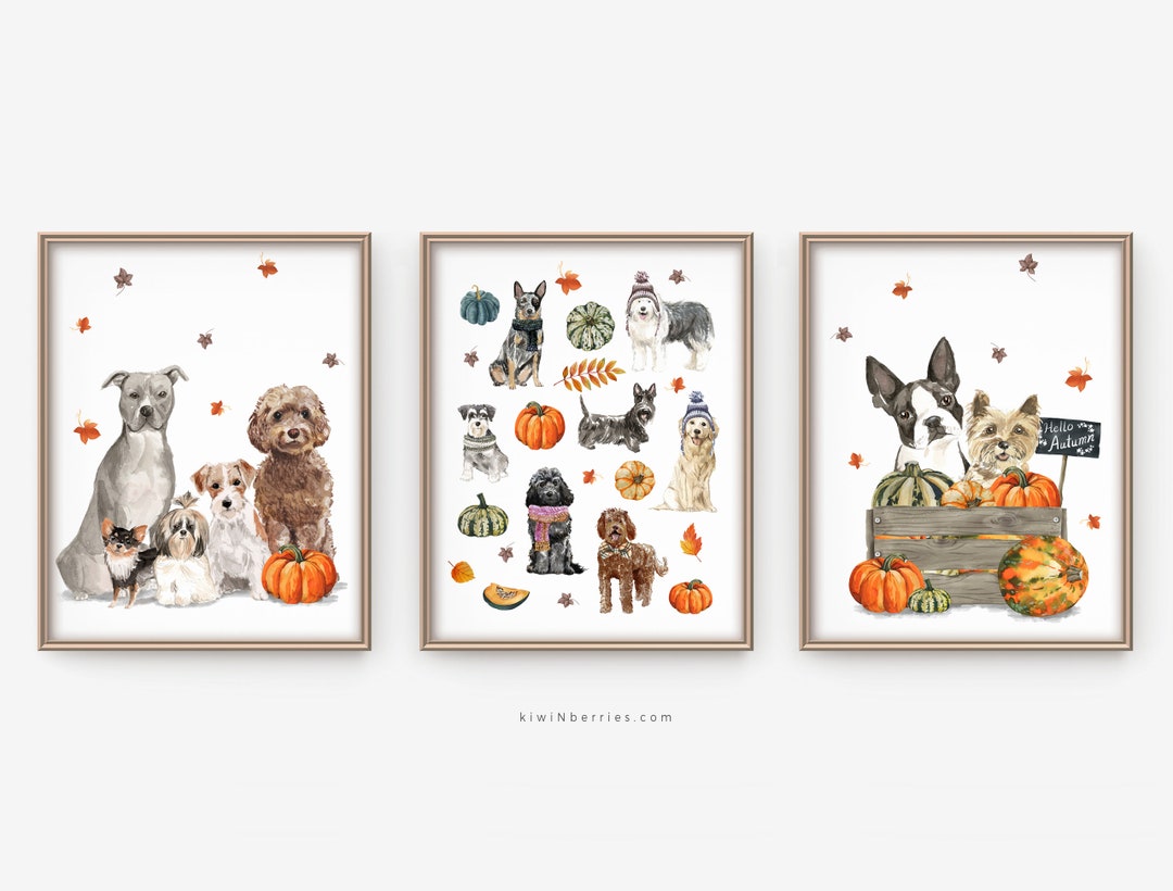 Cozy Fall Prints, Dogs Wall Art, Autumn Home Decor, Fall Dogs Art Print ...