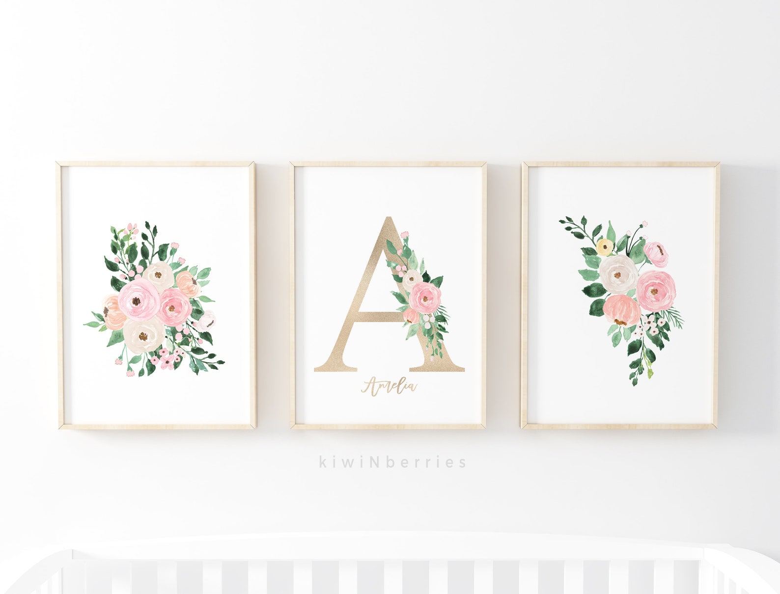 Gold Initial With Flowers, Baby Shower Gift, Baby Girl Wall Art ...
